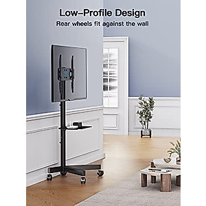 PERLESMITH Mobile TV Cart with Wheels for 23-60 Inch LCD LED OLED Flat Curved Screen Outdoor TVs Height Adjustable Shelf Floor Stand Holds up to 55lbs Monitor TV Holder with Tray Max VESA 400x400mm