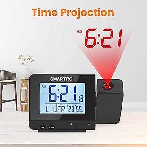 SMARTRO Digital Projection Alarm Clock for Bedrooms with Indoor Thermometer Hygrometer, USB Charger, Bedside Projector, Travel, AC and Battery Operated
