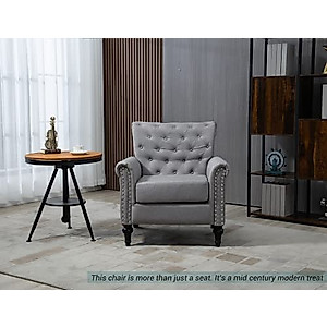 JOYBASE Mid-Century Modern Accent chair Armchair, Upholstered Club Reading Chair with Nailheads and Wood Legs Single Sofa Chair for Living Room Bedroom (Light Grey, Linen)
