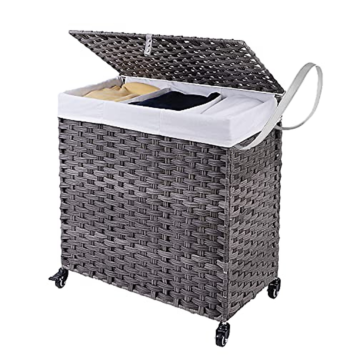 Crehomfy Laundry Hamper with Wheel and Removable Liner Bag, 130L Synthetic Rattan Wicker Handwoven Laundry Basket with Lid and Handle, 3 Section Divided Dirty Clothes Hamper for Laundry Bedroom Gray