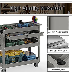 MOOLINCO 3 Tier Rolling Tool Cart with a Lockable Drawer and 4 Universal Wheels, Removable Tool Cart, Large Storage Capacity Tool Cart on Wheels, Suitable for Garage or Warehouse(New Grey)