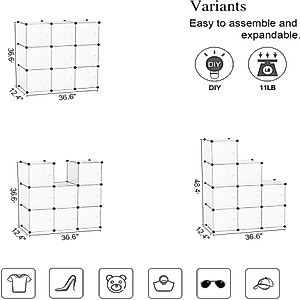 C&AHOME Cube Storage with Doors, 9 Cubes Storage Organizer, Plastic Closet Cabinet, Modular Book Shelf Units, Storage Shelves, Ideal for Office, Home, 36.6”L x 12.4”W x 36.6”H Translucent White