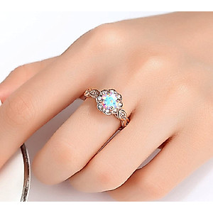 FLYYQMIAO 14K Gold Plated Rose Gold White Simulated Opal Ring White Fire Opal Zirconia Women Jewelry Wedding Engagement Anniversary Ring Flower Shape Women Finger Rings (8#)