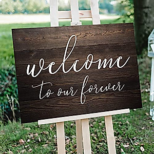 J.DXHY Welcome to Our Forever Sign, Rustic Wooden Welcome Wedding Sign, Brown, 18"x12"