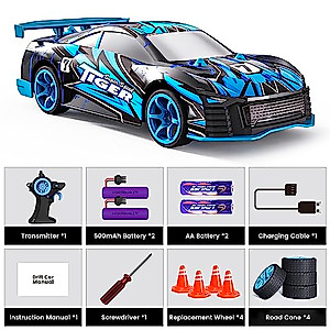 Tecnock Rc Drift Car for Kids, 2.4GHz 4WD Remote Control Car for Boys 8-12, 1/24 Rc Car with Lights and Replacement Tires, Toy Car Gifts for Boys Girls,Blue