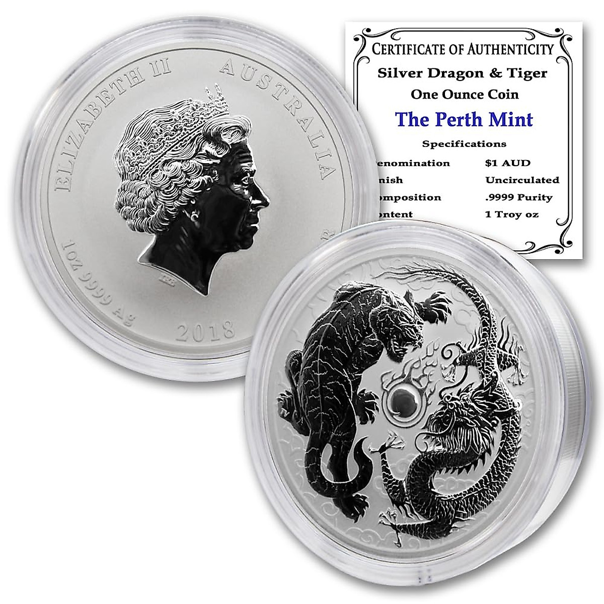 2018 P 1 oz Australian Silver Dragon and Tiger Coin Brilliant Uncirculated (in Capsule) with Certificate of Authenticity 1 € seller BU