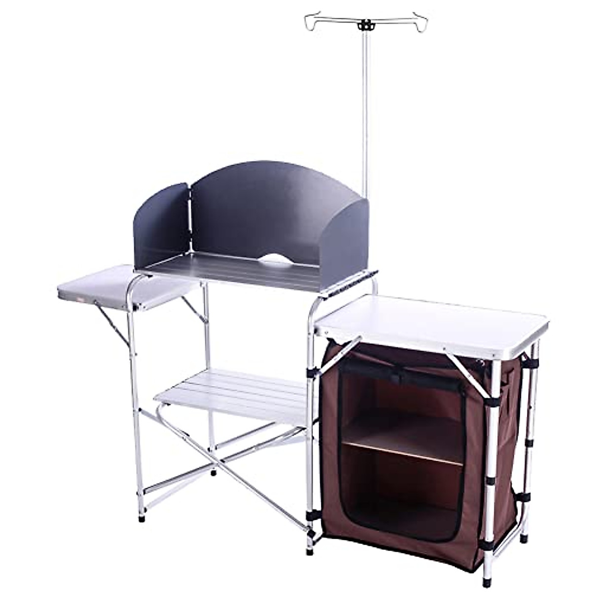 CAMP SOLUTIONS Camp Kitchen Table with Storage Organizer, Outdoor Cooking Table, Grill Tables for Outdoor,Portable Aluminum Windscreen Hooks for BBQ, Party (White)