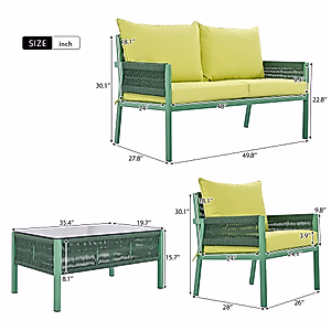 Merax 4-Piece Rope Outdoor Patio Furniture Conversation Set with Tempered Glass Table, Deep Seating and Thick Cushion for Backyard, Porch, Balcony, Green