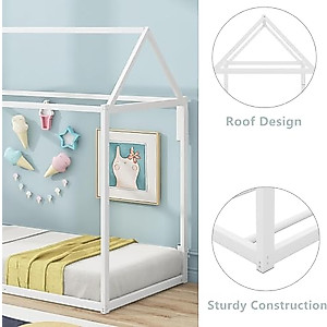 Metal Twin Size Montessori Floor Bed for Kids,Floor Bed Twin,House Bed with Slats for Boys Girls,Metal House Shape Platform Bed,No Spring Box Required,White