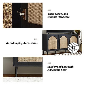 HULALA HOME Farmhouse Sideboard Buffet Cabinet with 3 Rattan Doors and 3 Shelves, Kitchen Storage Cabinet with Solid Wood Legs, Console Table Accent Cabinet for Living Room Dining Room Entrywa, Black