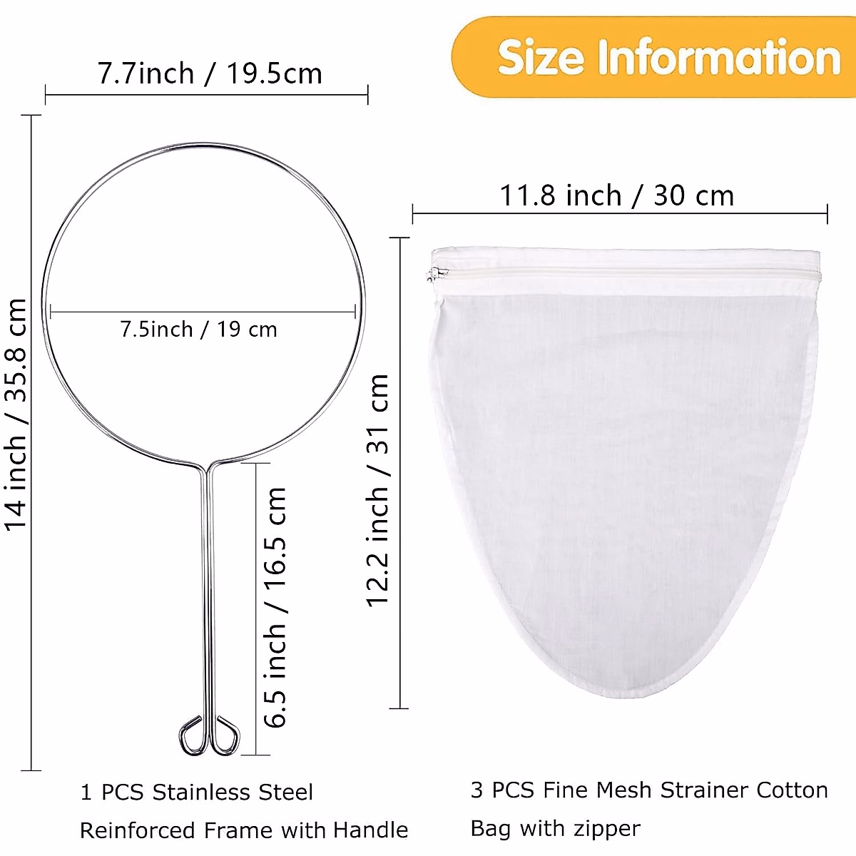 WMKGG Ultra Fine Reusable Filter Bags with Stainless Steel Handle for Nut Milk, Coffee, Milk, Butter, Juices and Fresh Cheese