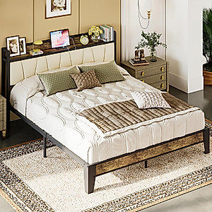 LIKIMIO Queen Bed Frame, Storage Headboard with Charging Station, Solid and Stable, Noise Free, No Box Spring Needed, Easy Assembly (Walnut and Beige)