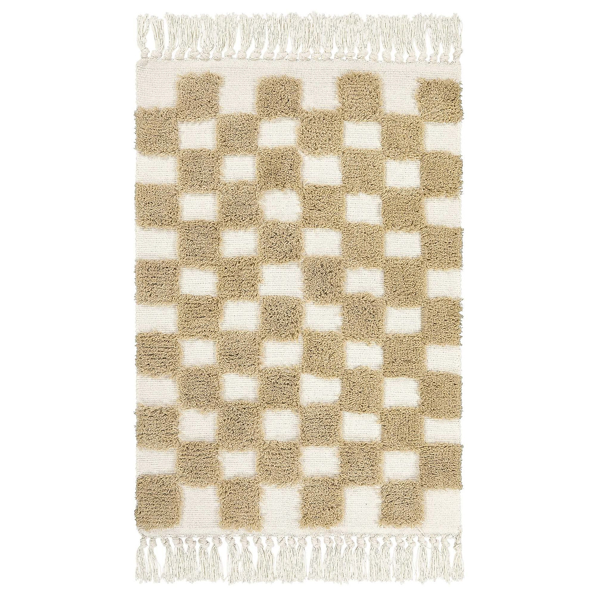 Lahome Checkered Boho Bath Mats, Neutral 2x3 Bathroom Rug Machine Washable Tufted Throw Rugs with Tassels, Fluffy Farmhouse Area Rug Non-Shedding Cotton Carpet for Bedroom Dorm, Khaki