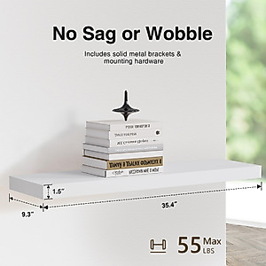 Colima Floating Shelves for Wall White Wood Wall Shelf for Bedroom, 36 Inch Wall Mounted Floating Shelves for Bathroom Living Room Kitchen Office, 1.3" Thick Floating Book Shelves for Wall, Set of 2