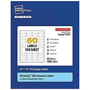 Avery UltraDuty GHS Labels, Waterproof, 2/3 x 1-3/4 Inch Rectangle Labels, Pack of 1500 White Labels for Use with Pigment Inkjet Printers