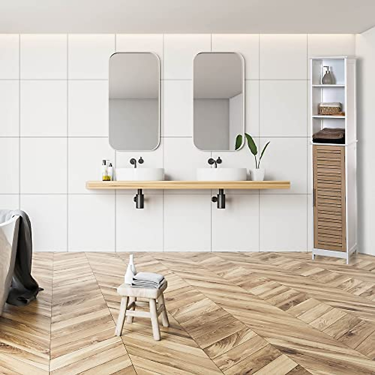 EVIDECO Bathroom Linen Tower Cabinet Stockholm 1 Door 5 Shelves Wood Oak-Colored