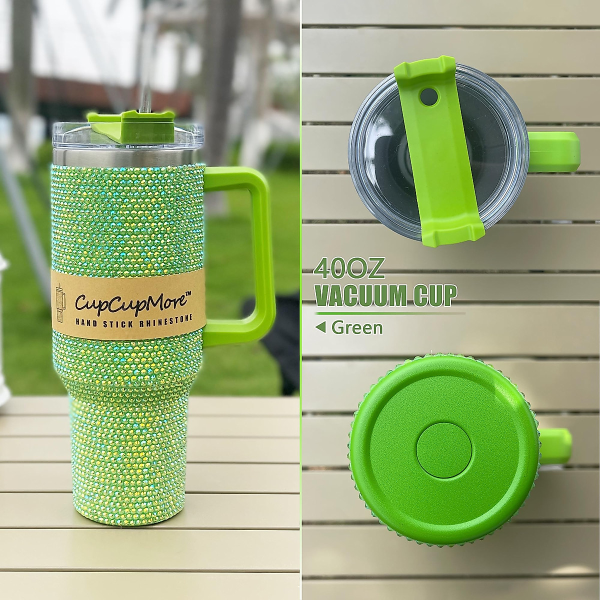 Cupcupmore 40oz Green Bling Rhinestone Stainless Steel Sippy Tumbler Glitter Vacuum Insulated Water Bottle with Straw & Lid &Handle,Thermos for Hot & Cold Drinks,Car Cup Holder,Coffee