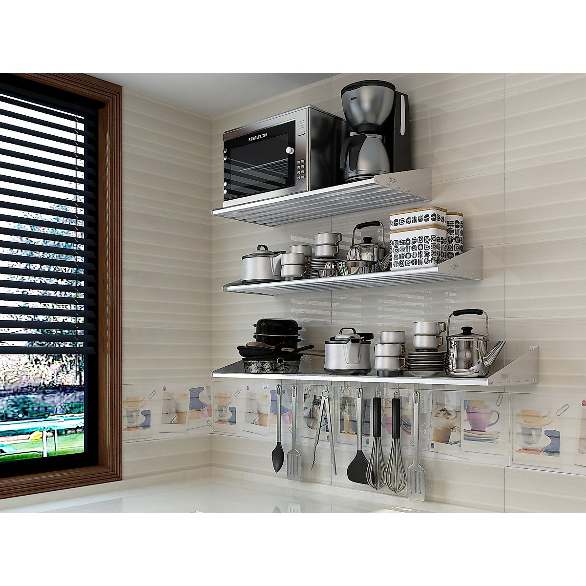 Mecete 304 Stainless Steel Standard Wall Shelf, Cookware Storage Organizer, Kitchen Wall Pot Pan Rack,With 6 Hooks, Capacity 200 lb (23.5" x 14") suitable for Electric Oven, Microwave oven