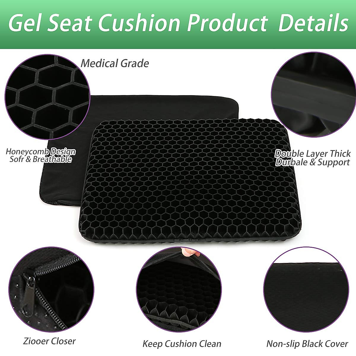 PUZXRRY Gel Seat Cushion - Double Layer Egg Gel Cushion with Breathable Non-Slip Cover for Office Car Wheelchair, Black
