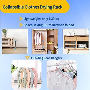 Portable Travel Garment Rack, Upgraded Easy Folding Mini Drying Clothes Rack, Retractable Drying Rack for Laundry, Travel, Camping, Hotel, Dance + 4 Folding Coat Hangers (Longer & Thicker)