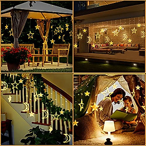 Solar Star Moon String Lights Outdoor with Remote 8 Modes Solar Curtain Lights Waterproof Fairy Lights Solar Powered Window LED Lights Timer Starry Lights for Garden Patio Yard Ramadan Decoration