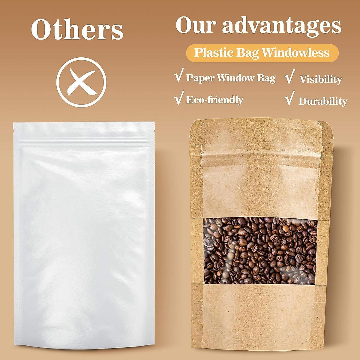 MAQIHAN 50 Stand Up Pouches Bags - 3.5"×5.5" Resealable Ziplock Kraft Paper Bags Window Food Packaging Homemade Bagel Bread Cookie Candy Tea Herb Spice Coffee Jerky Dog Treat Bags Small Business
