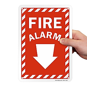 SmartSign 10 x 7 inch “Fire Alarm” Sign with Down Arrow and Pre-Cleared Holes, Digitally Printed, 55 mil HDPE Plastic, Red and white, Made in USA