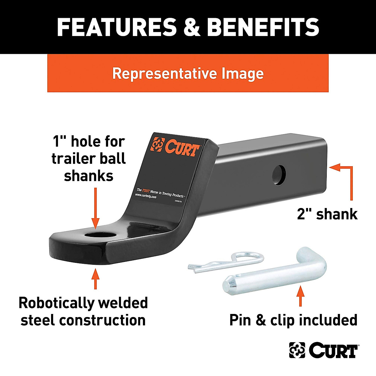 CURT 45052 Class 3 Trailer Hitch Ball Mount and Pin, Fits 2-Inch Receiver, 7,500 lbs, 1-Inch Hole, 4-Inch Drop, 2-In Rise