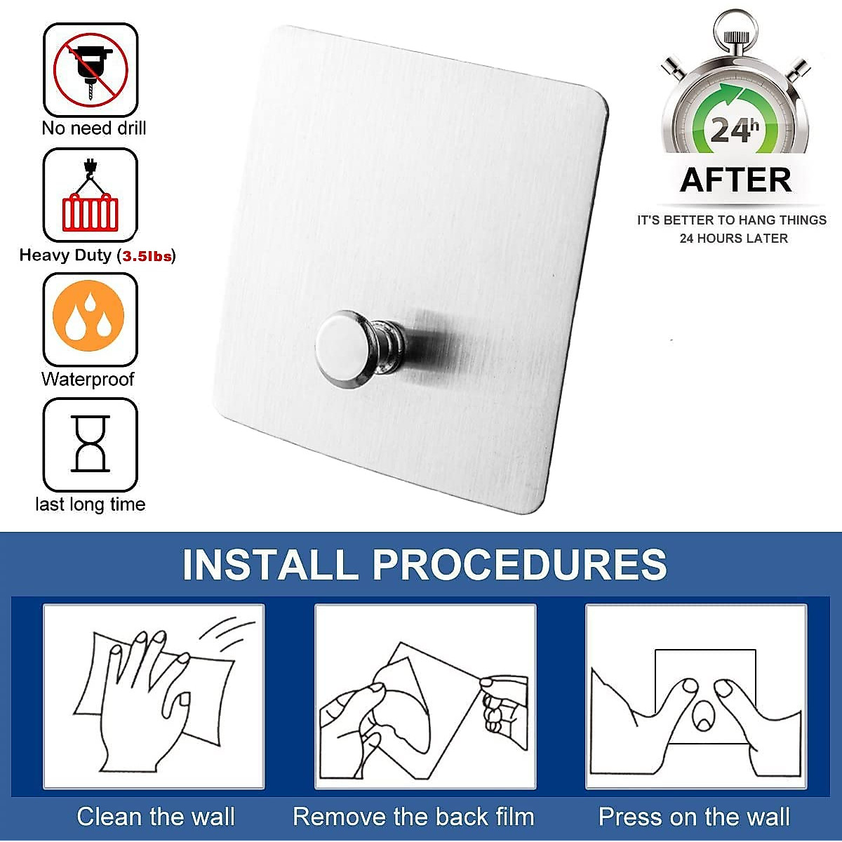 Qiozlen Wall Adhesive Hooks Stainless Steel,Command Strips for Pictures, Clock ,Wall Strips,Command Hooks,Waterproof