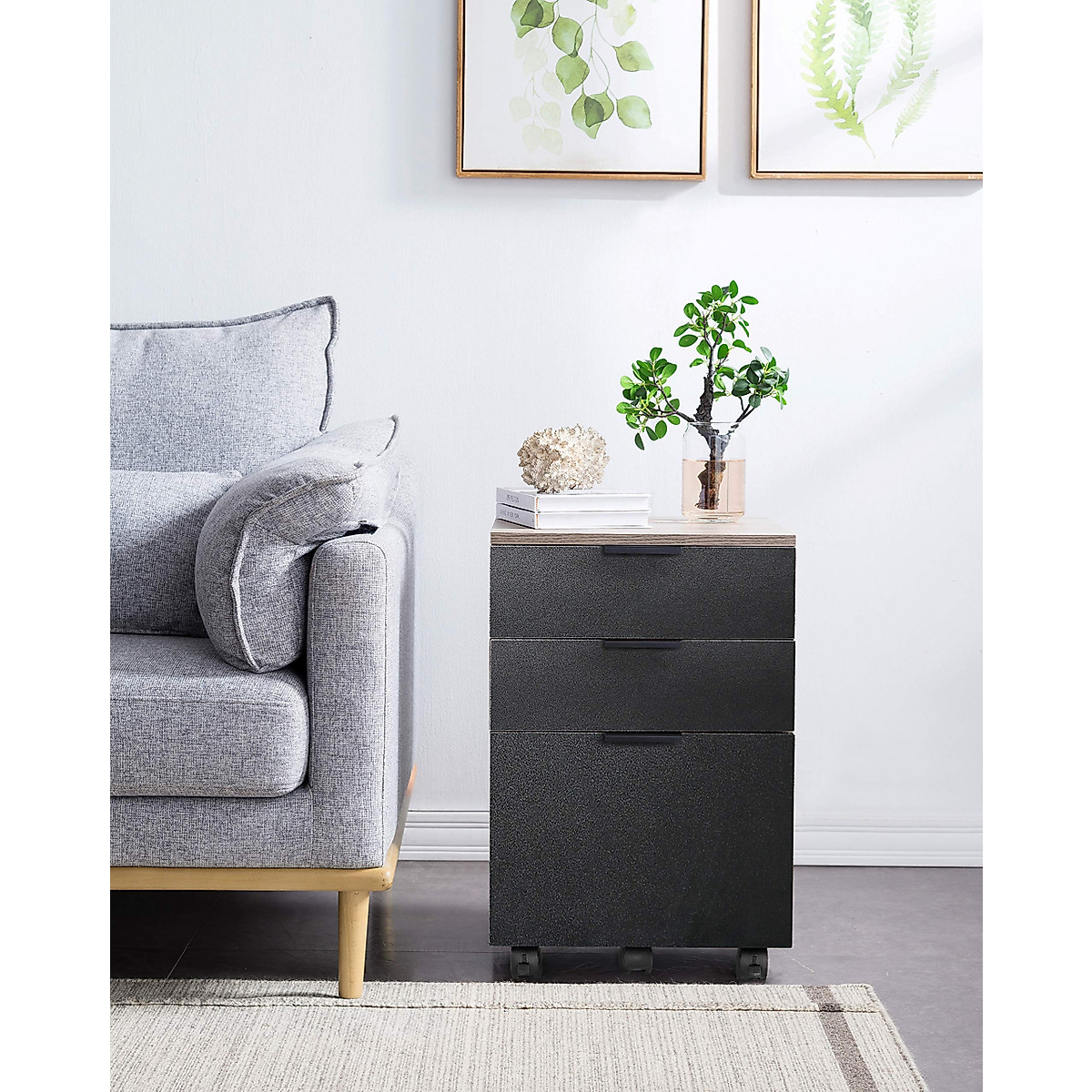 JJS 3 Drawer Rolling Wood File Cabinet with Locking Wheels, Home Office Portable Vertical Mobile Wooden Storage Filing Cabinet for Letter Size, Black