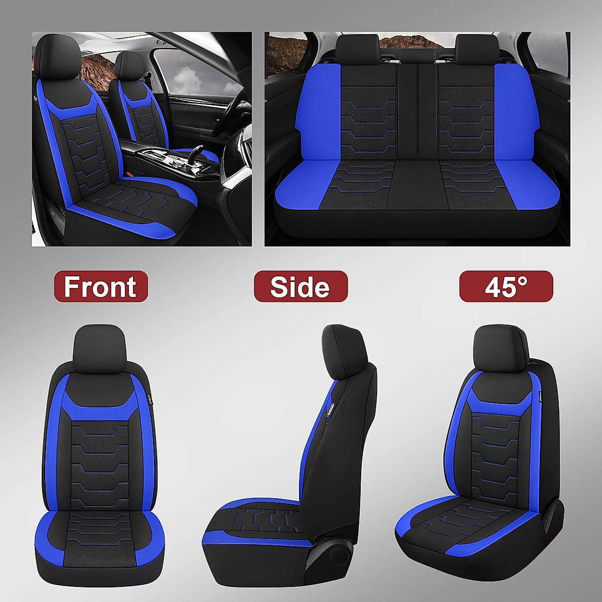 CAROMOP Breathable Car Seat Covers Full Seats,3D Air Mesh Cloth Seat Covers for Cars, Split Bench Compatible Car Interior Covers, Universal Fit Most Car Sedan Truck SUV(Black/Blue)