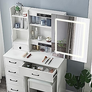 Vanity Desk Makeup Vanity Table with Lighted Mirror,3 Color Modes, White Makeup Table Set with 5 Drawers, Storage Shelves & Cushioned Stool,Women Girls Dressing Table for Bedroom