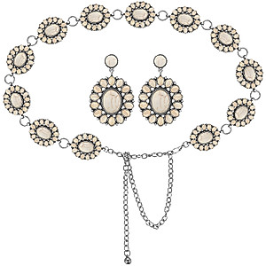 Sasylvia White Turquoise Concho Chain Belt Metal Western Waist Belts for Women Boho Belt Turquoise Drop Earrings (Classic Style)