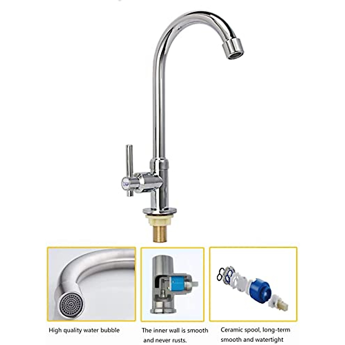 Cold Water Faucet Only, High Arc Single Handle One Hole Faucet for Kitchen Garden Bar Outdoor Boat Camper(Free Cold Water Supply Lines)