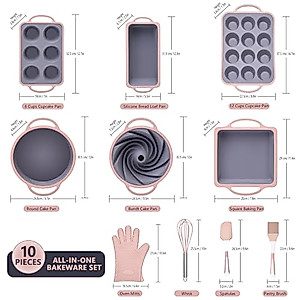 Silicone Bakeware Sets, 10in1 Silicone Baking Pans Set, Baking Set, Bundt Cake Pan Set Muffin Pan with Silicone Spatulas Pastry Brush Oven Mitts Whisk, Silicone Baking Pan Set for Cheesecake (Pink)