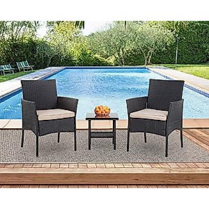3 Pieces Patio Furniture Sets Outdoor Wicker Bistro Set Clearance Rattan Chairs Patio Set Conversation Sets with Coffee Table for Porch Poolside Balcony Garden Lawn, Black