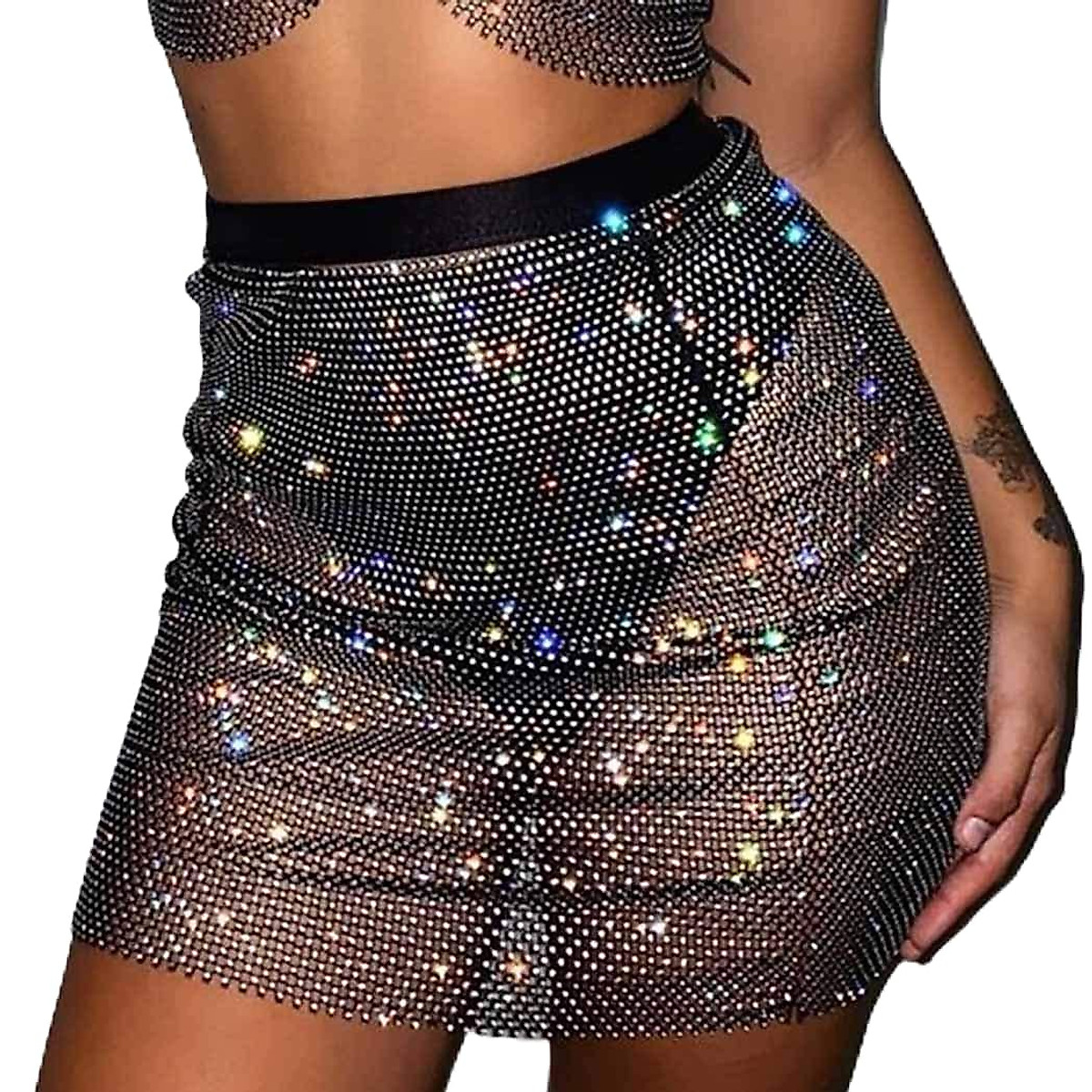 Vivilly Rhinestone Body Chain Sexy Sparkly Crystal Bikini Mesh Bra Top Dress Fishnet Underwear Body Jewerly for Women and Girls (black skirt)