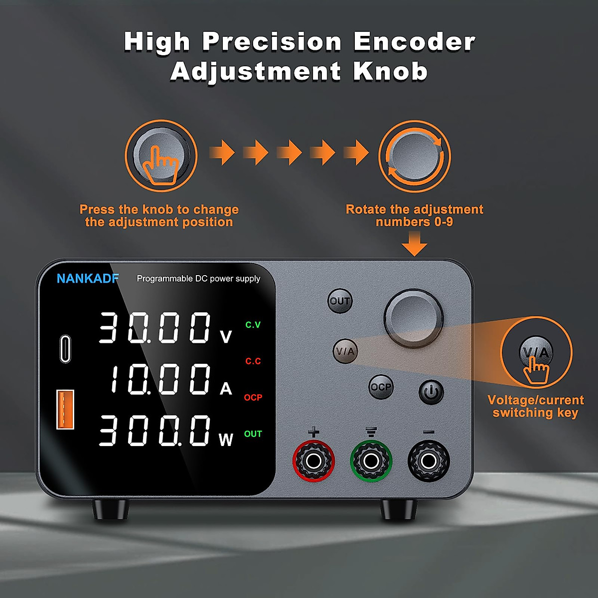 DC Power Supply, 30V 10A Bench Power Supply with Encoder Adjustment, 5V/3.6A USB&Type-C Quick-Charge, Variable Power Supply with Output Enable/Disable Button, Short Circuit Alarm (0-30V 0-10A)