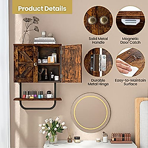 Tangkula Wall Mounted Bathroom Cabinet, 2 Doors Wooden Space Saving Medicine Cabinet with Open Shelf and Towel Bar, Multifunctional Over The Toilet Storage Organizer Kitchen Cupboard (Rustic Brown)