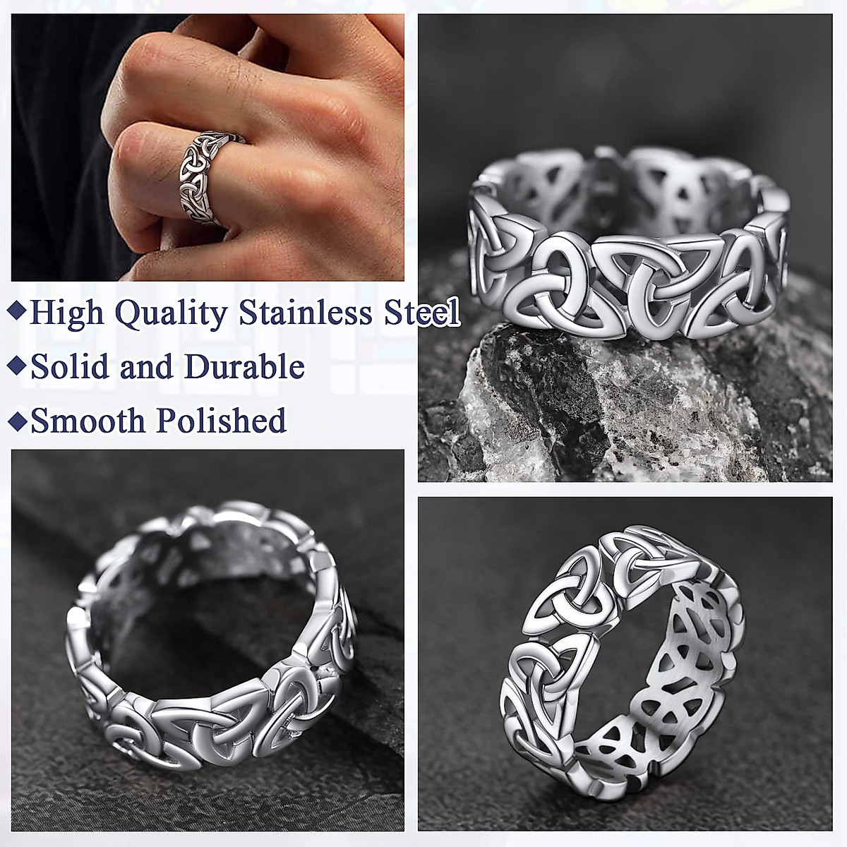 FaithHeart Irish Knot Band Ring for Women Size 8 Stainless Steel Old-school Celtic Knot Stackable Wedding Bands