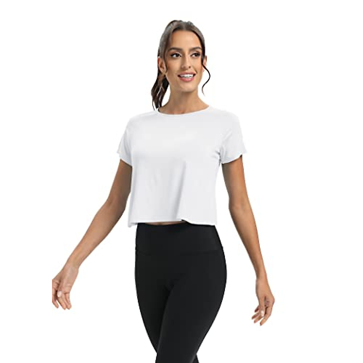 Mippo Crop Workout Tops Gym Shirt Athletic Wear Yoga Apparel Exercise Fitness Crop Top Going Out Tshirts Dance Pilates Clothes for Women White M