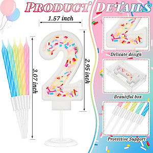 MTLEE Number 2 Happy Birthday Candle 3D Number Candle with Sprinkles Cute Number Candles Cake Topper with 10 Long Thin Rainbow Spiral Candles for Girls Women Anniversary Wedding Party Decor