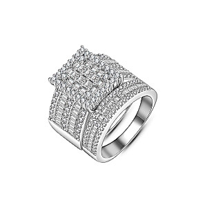 Square Statement Bridal Sets - Two Rings Cubic Zirconia CZ Cluster Engagement Promise Rings Set for Women (8)