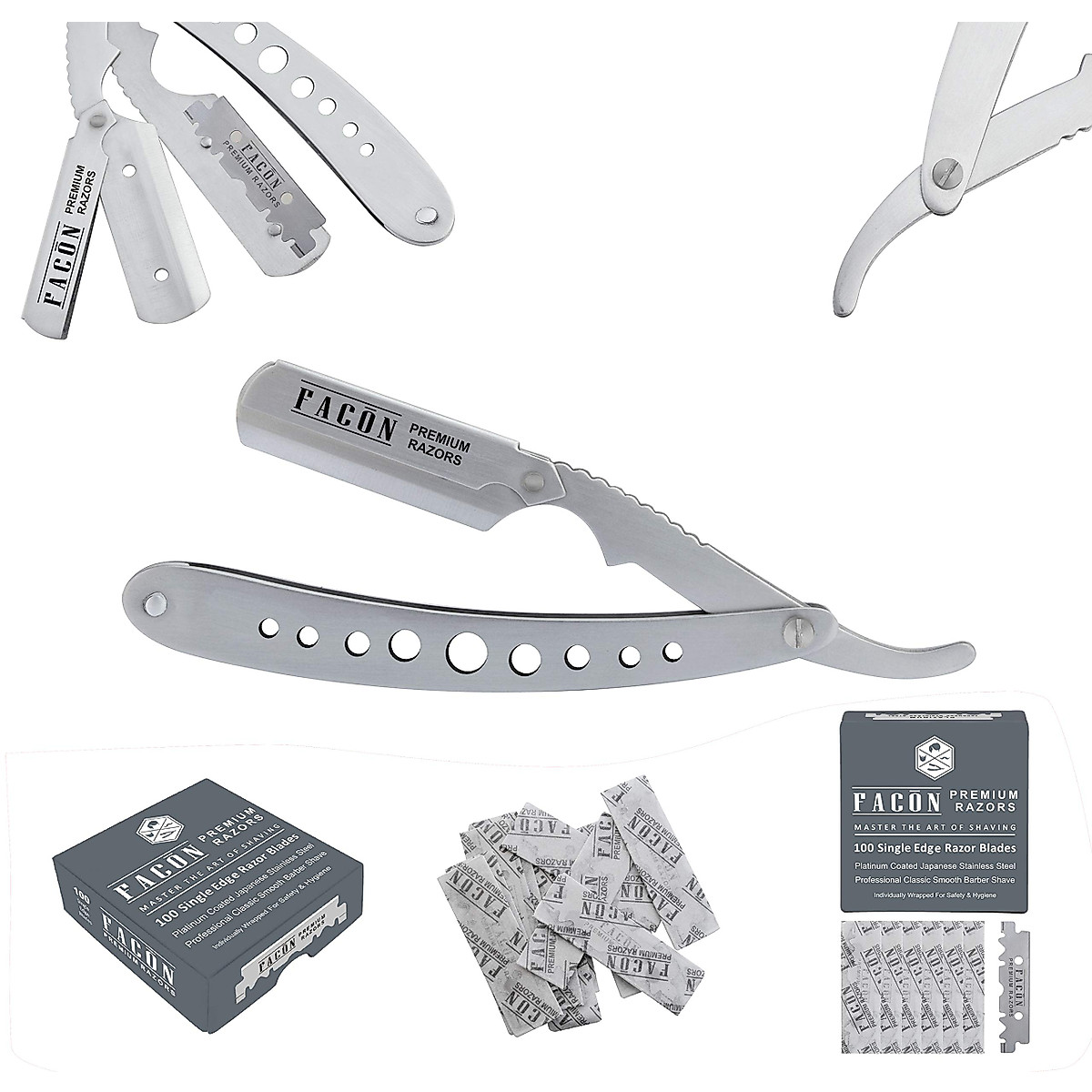 100 BLADES + Facón Classic Professional Straight Edge Barber Razor - Salon Quality Cut Throat Shavette