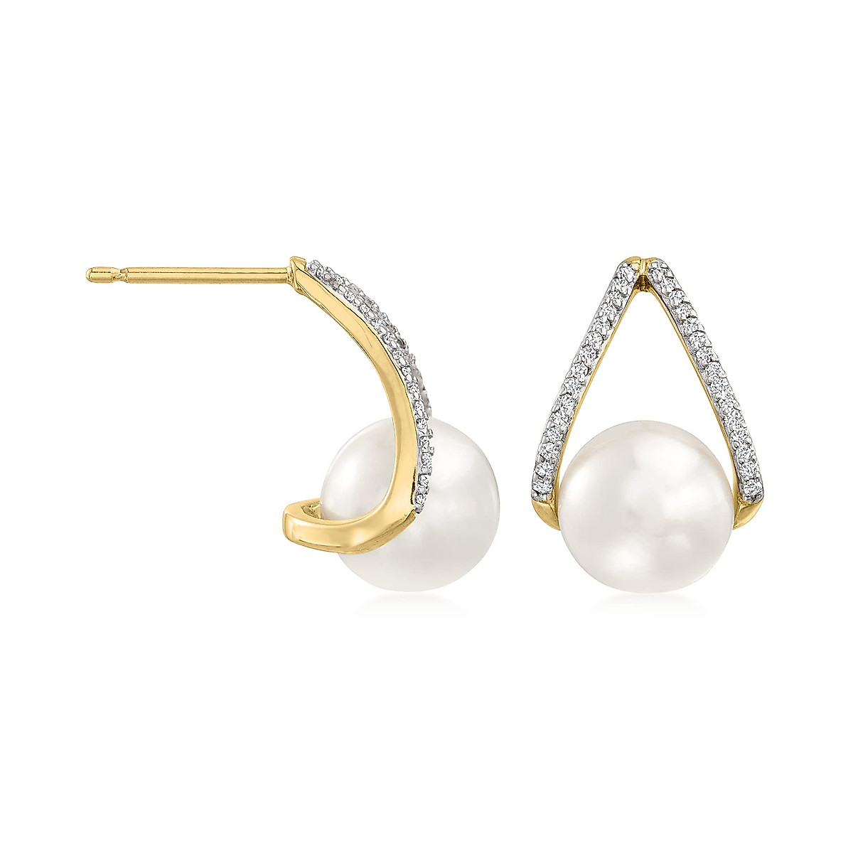Ross-Simons 8-8.5mm Cultured Pearl and .12 ct. t.w. Diamond Drop Earrings in 14kt Yellow Gold