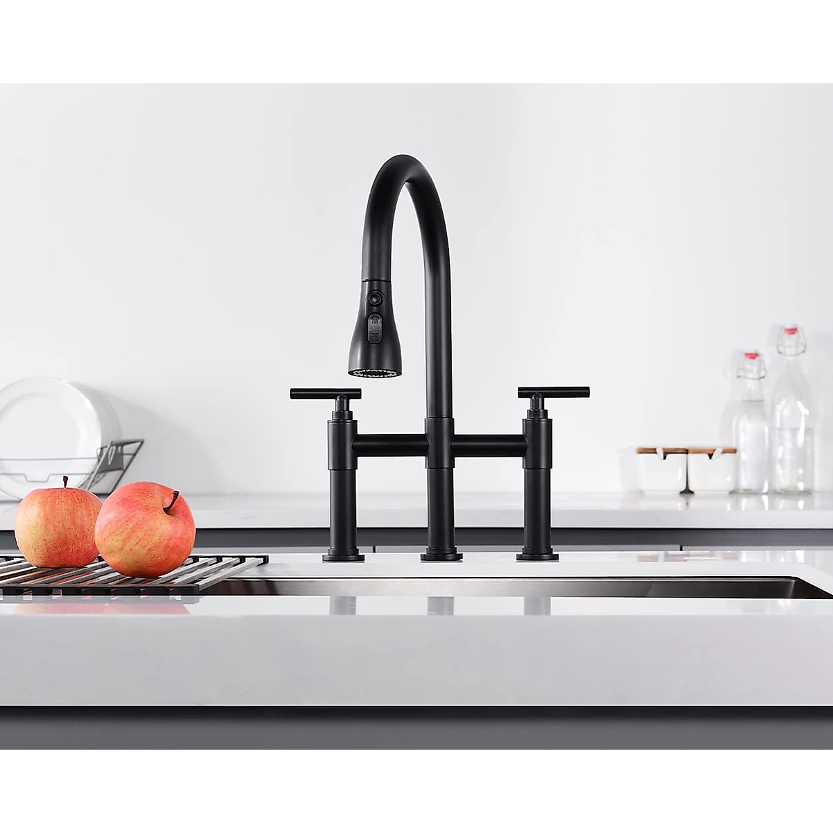 ARRISEA Matte Black Bridge Kitchen Faucet with 3 Mode Pull-Down Sprayer 2 Handle 8 Inch Faucet for Kitchen Sinks 3 Hole Kitchen Sink Faucet, Fingerprint Resistant Spot Free BL-BKF-15108BK
