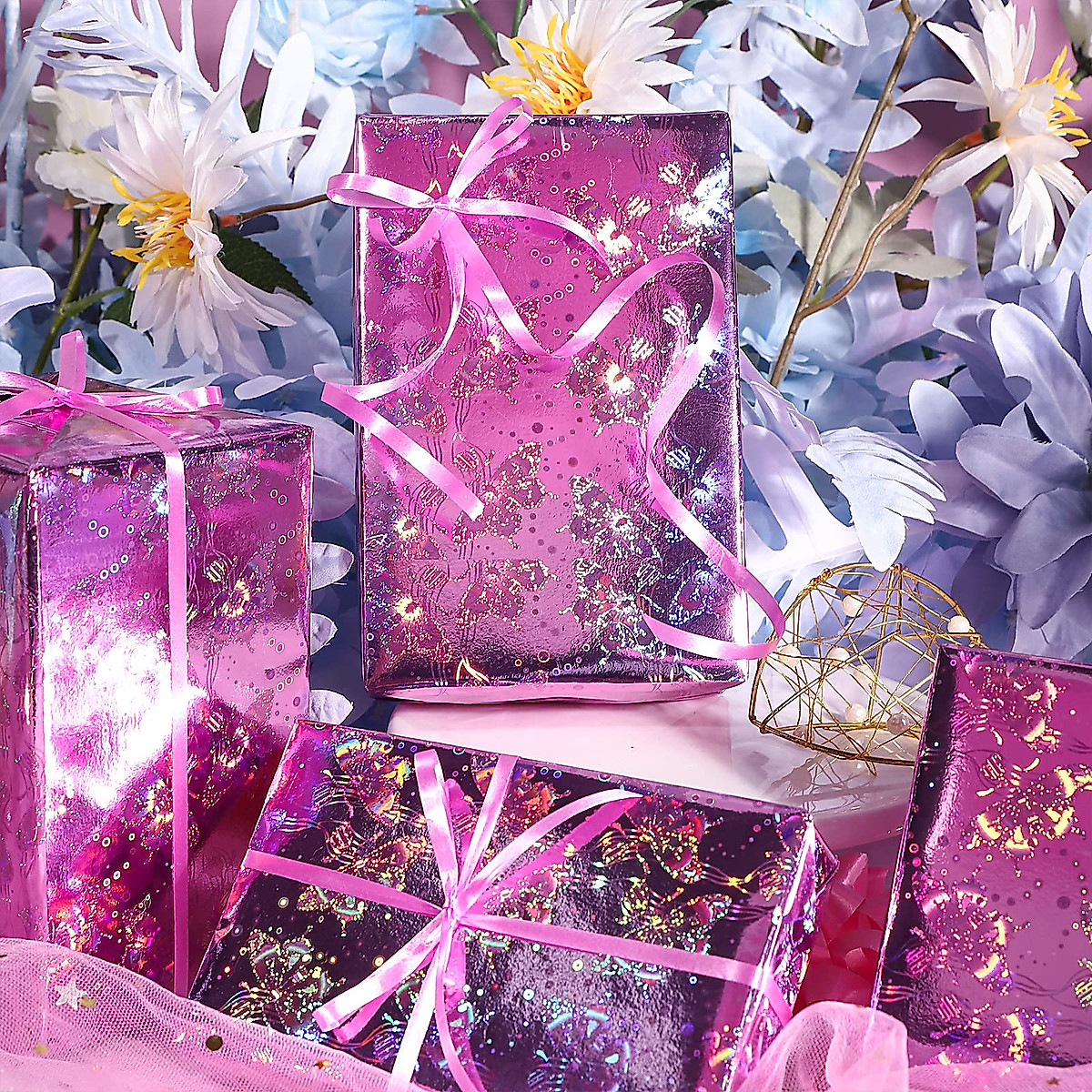 LeZakaa Pink Holographic Wrapping Paper - Mini Roll - Butterfly Print for Birthday, Holiday - 17 inches x 32.8 Feet (46.5 sq.ft.)