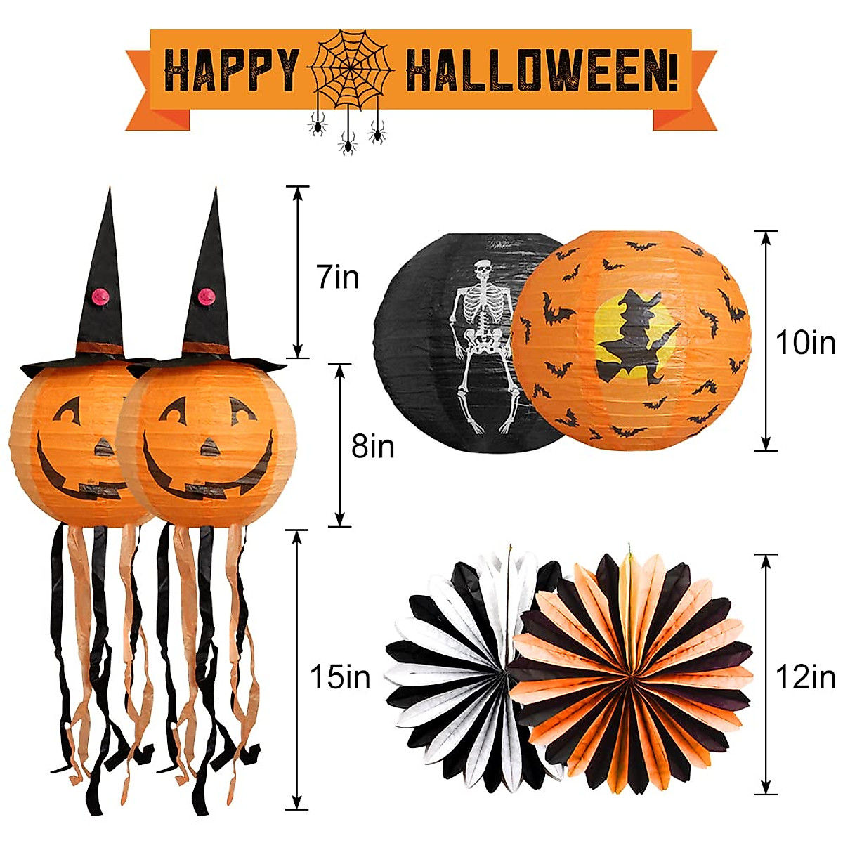 Halloween Party Decorations, Black Orange Party Supplies, Hanging Paper Lanterns Pumpkin Honeycomb Tissue Paper Fan Spider Garland Halloween Party for Kids Adults Home Decor Indoor Outdoor