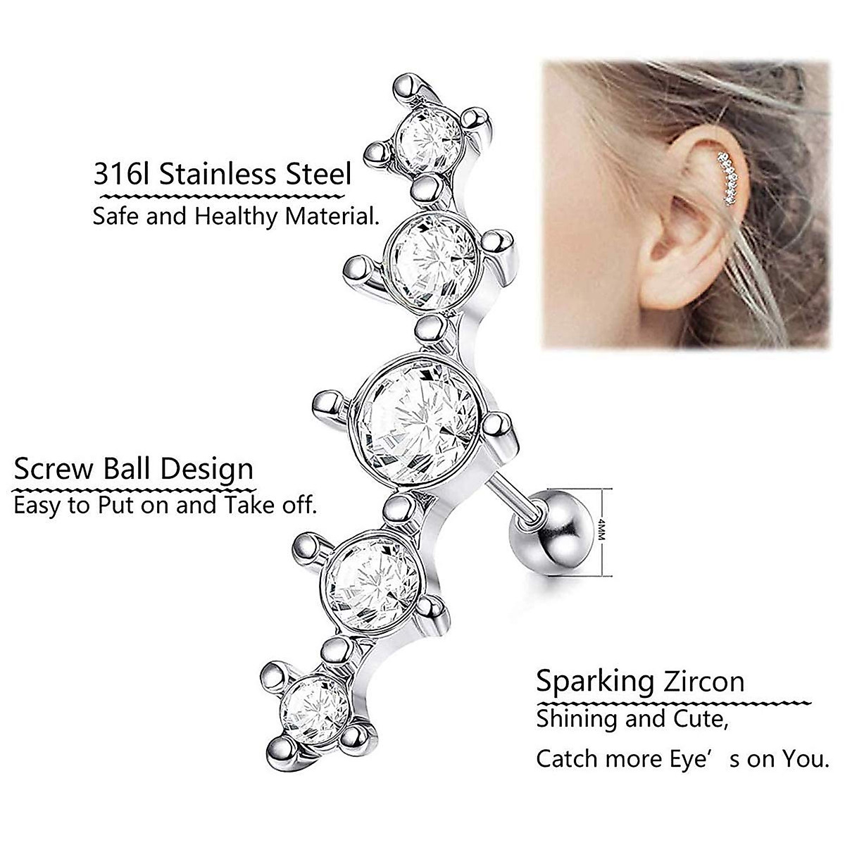 Incaton 12Pcs 16G Stainless Steel Cartilage Cubic Zirconia Stud Earrings for Men Women Conch Forward Helix Tragus Daith Piercing Jewelry