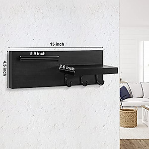 Lucundm Key Holder for Wall, Decorative Entryway Shelf with Hooks Holds Keys, Dog Leash, Sunglasses – Key Hanger with 3 Hooks Organizes, Enhances Home Decor (15” x 4.5” x 2.6”) (Black)